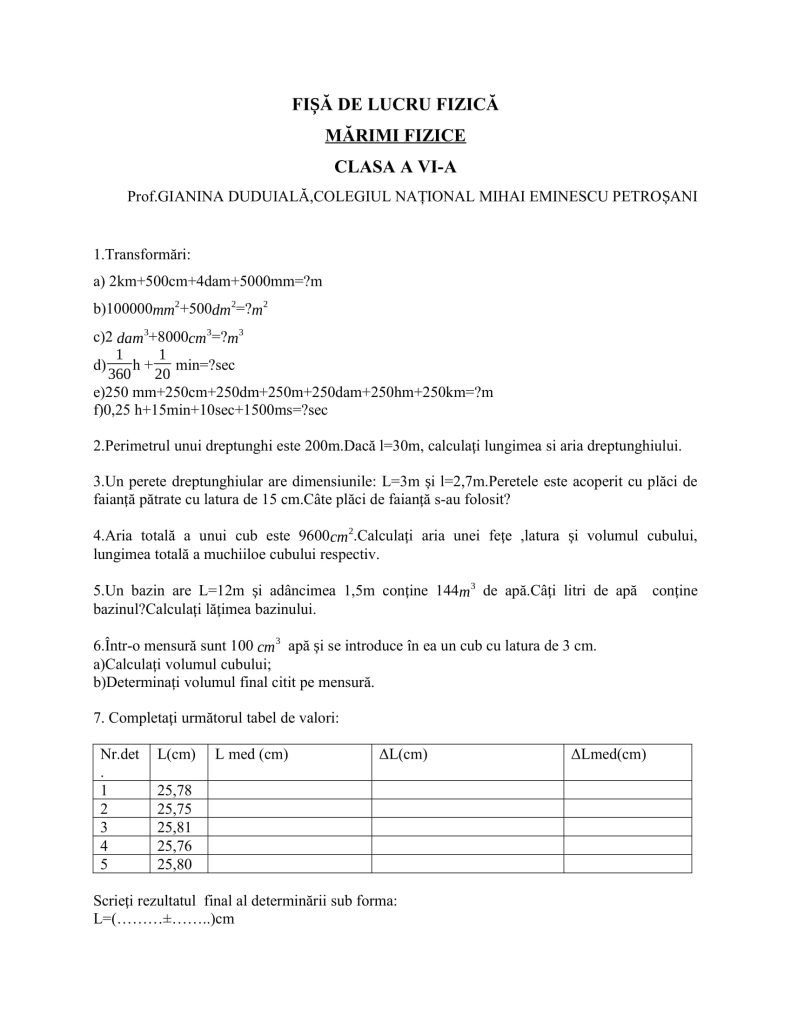 AcademiaABC – Fișă de lucru Fizică-Mărimi fizice Clasa a VI-a