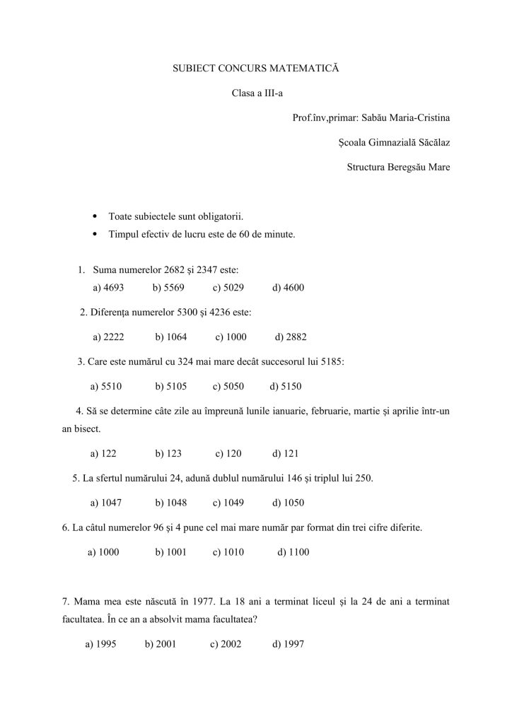 AcademiaABC – Subiect concurs Matematică Clasa a III-a