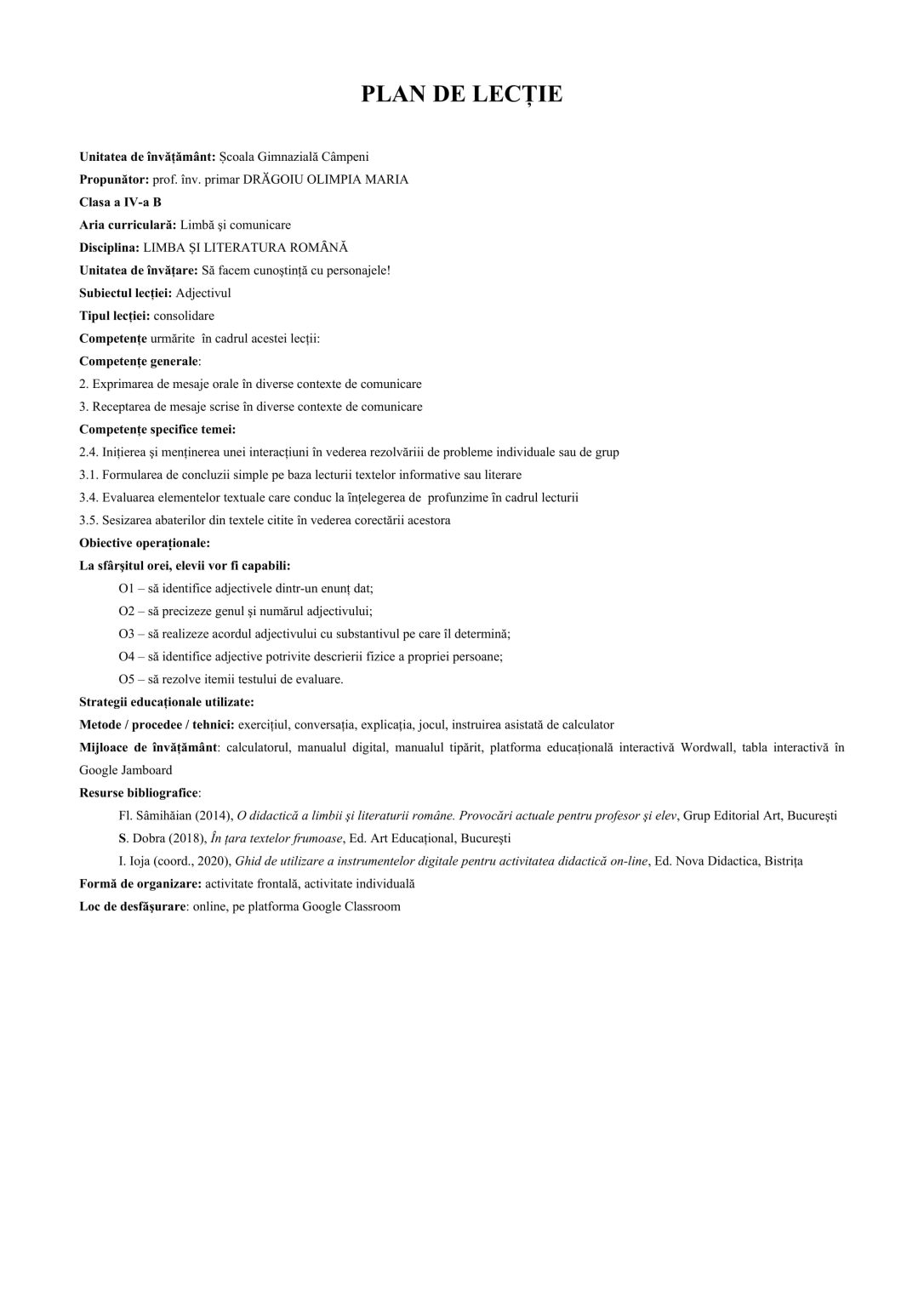 AcademiaABC – Proiect didactic Clasa a IV-a Adjectivul