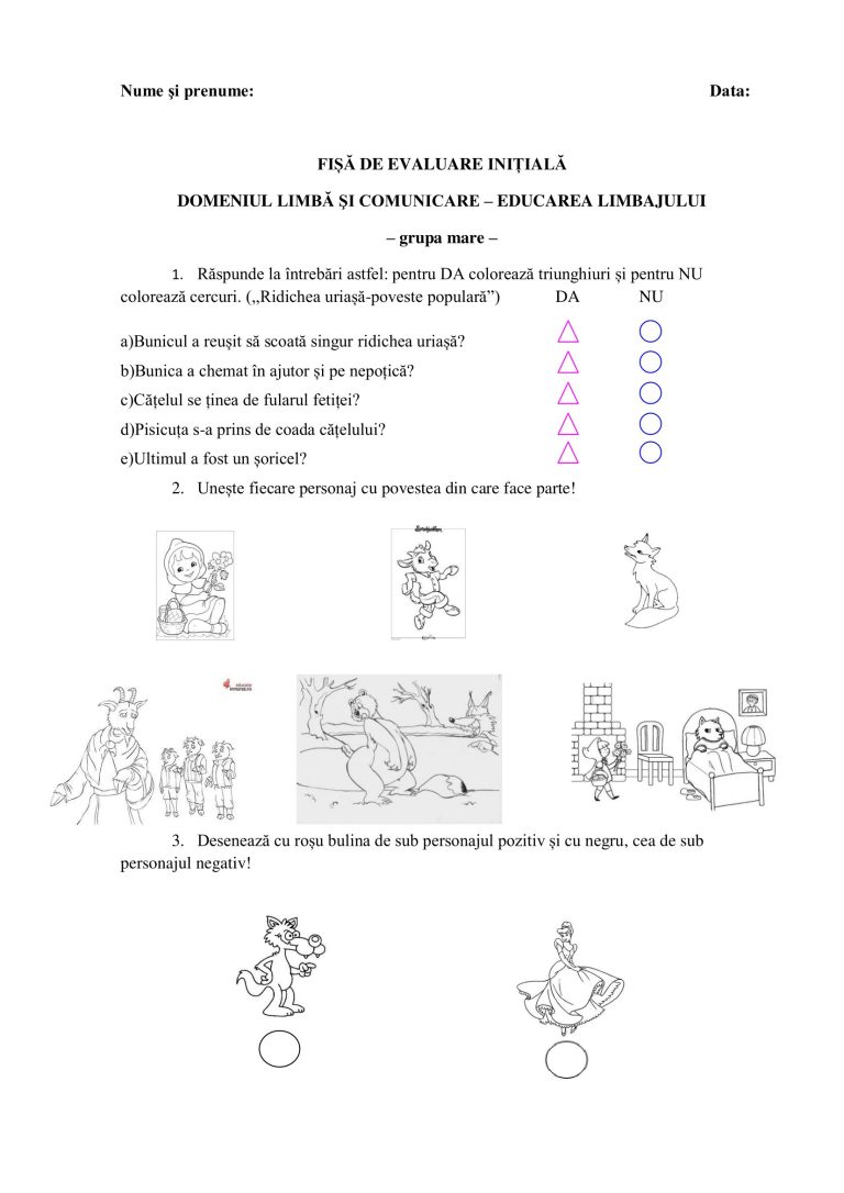 AcademiaABC – Evaluare inițială Grupa mare Educarea limbajului