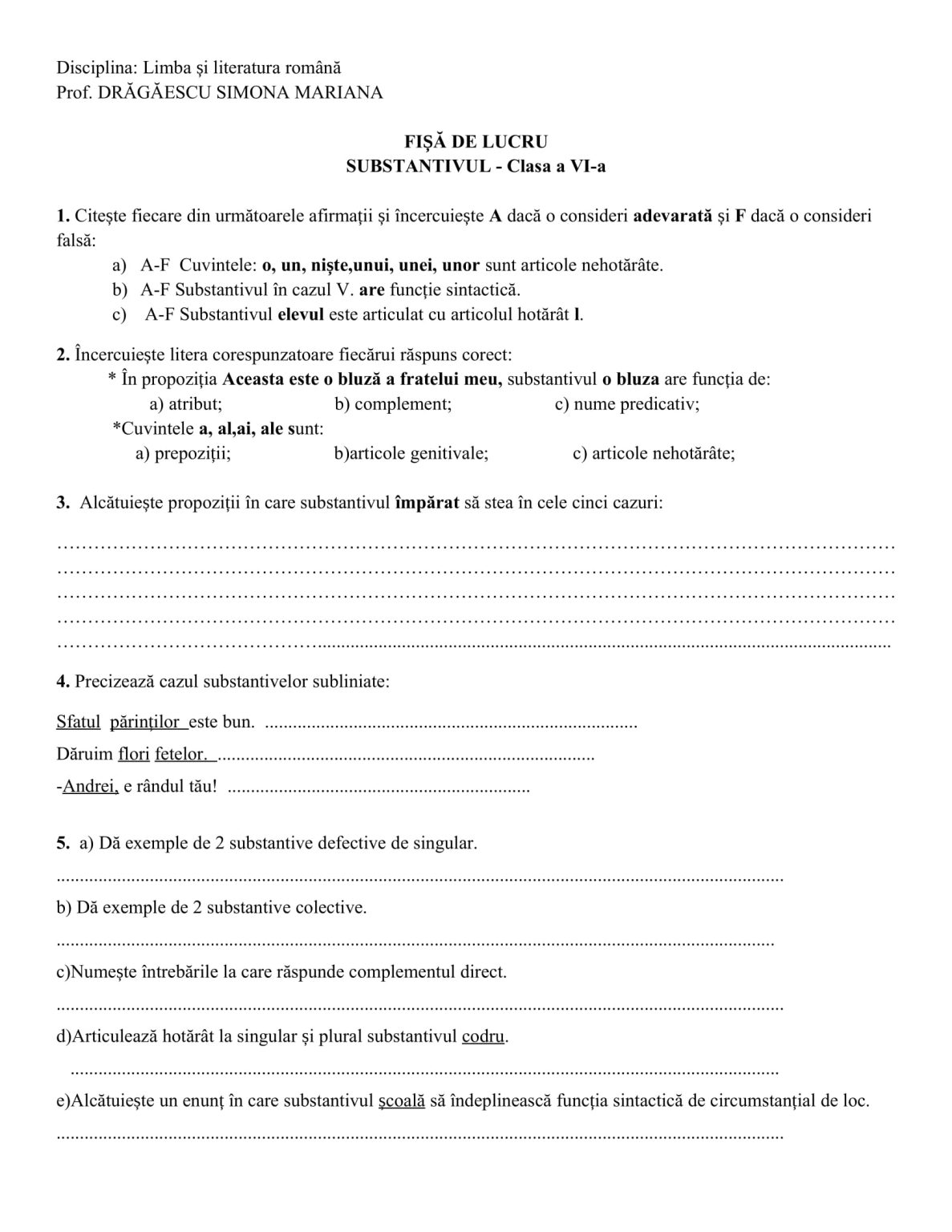 AcademiaABC – Fișă de lucru-Substantiv Clasa a VI-a