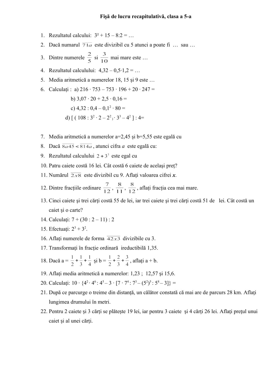 AcademiaABC – Fișă de recapitulare Matematică Clasa a V-a