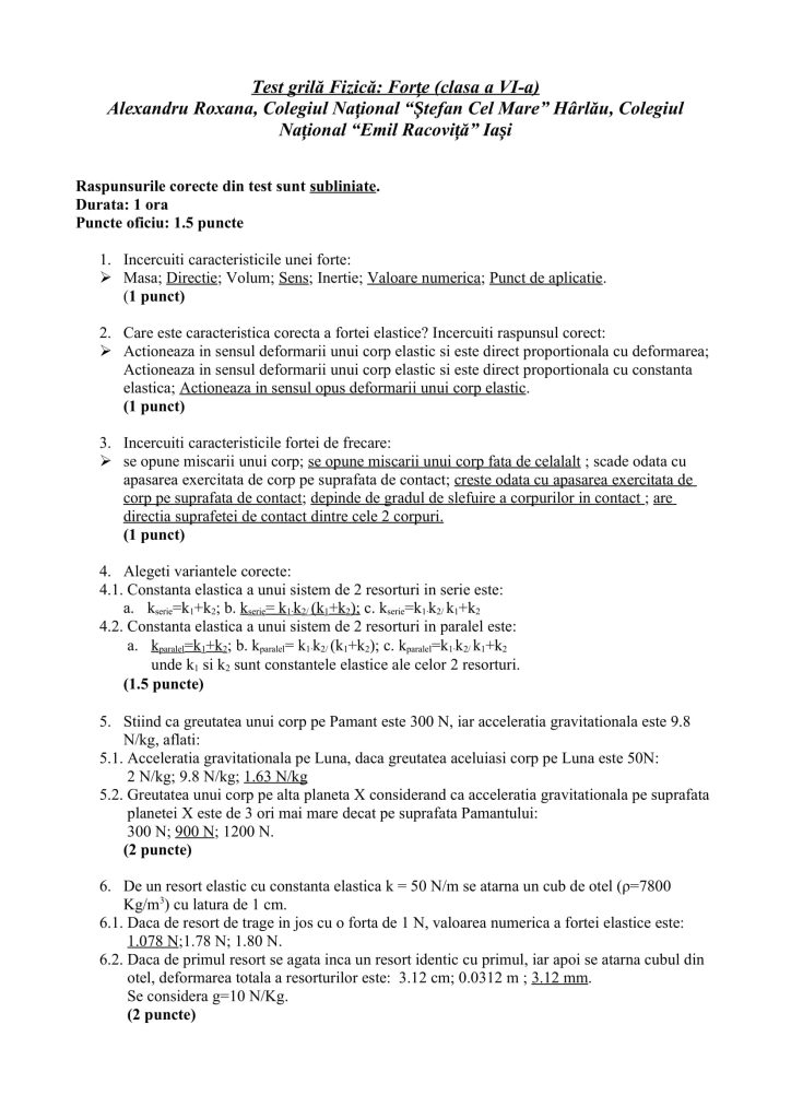 AcademiaABC – Test grilă Fizică-Forțe Clasa a VI-a