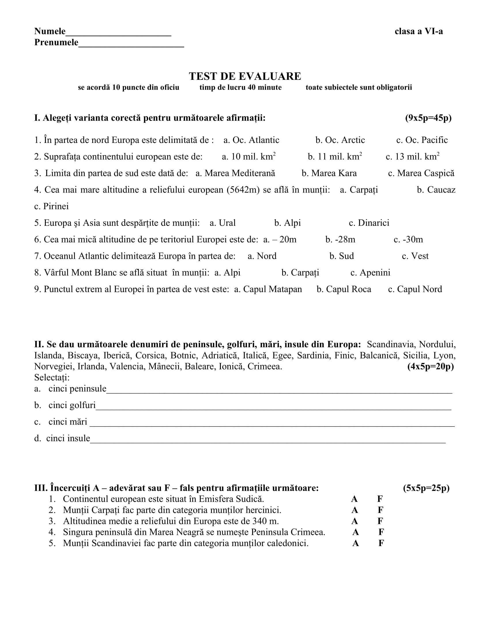 AcademiaABC – Test de evaluare Geografie Clasa a VI-a