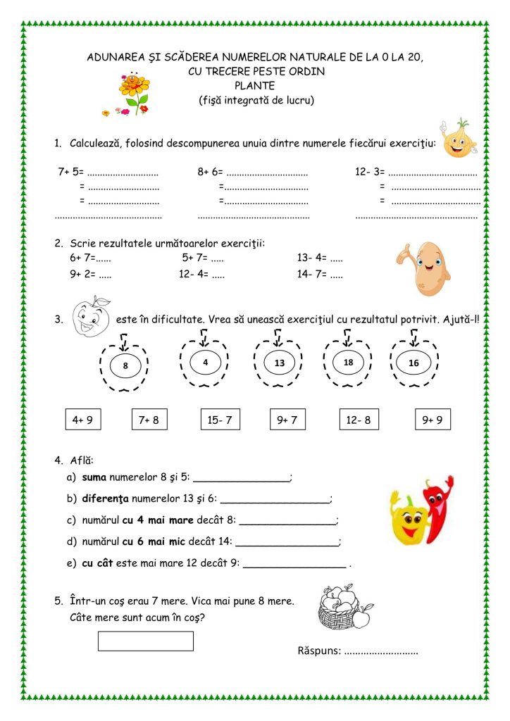 AcademiaABC – Fișă de lucru Clasa I-Adunarea și scăderea 0-20 cu trecere peste ordin