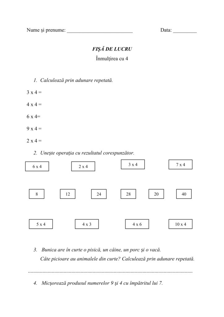 AcademiaABC – Fișă de lucru Matematică-Înmulțirea cu 4 Clasa a II-a