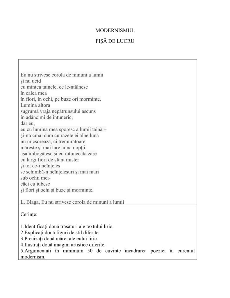 AcademiaABC – Fișă de lucru Limba și literatura română-Modernismul