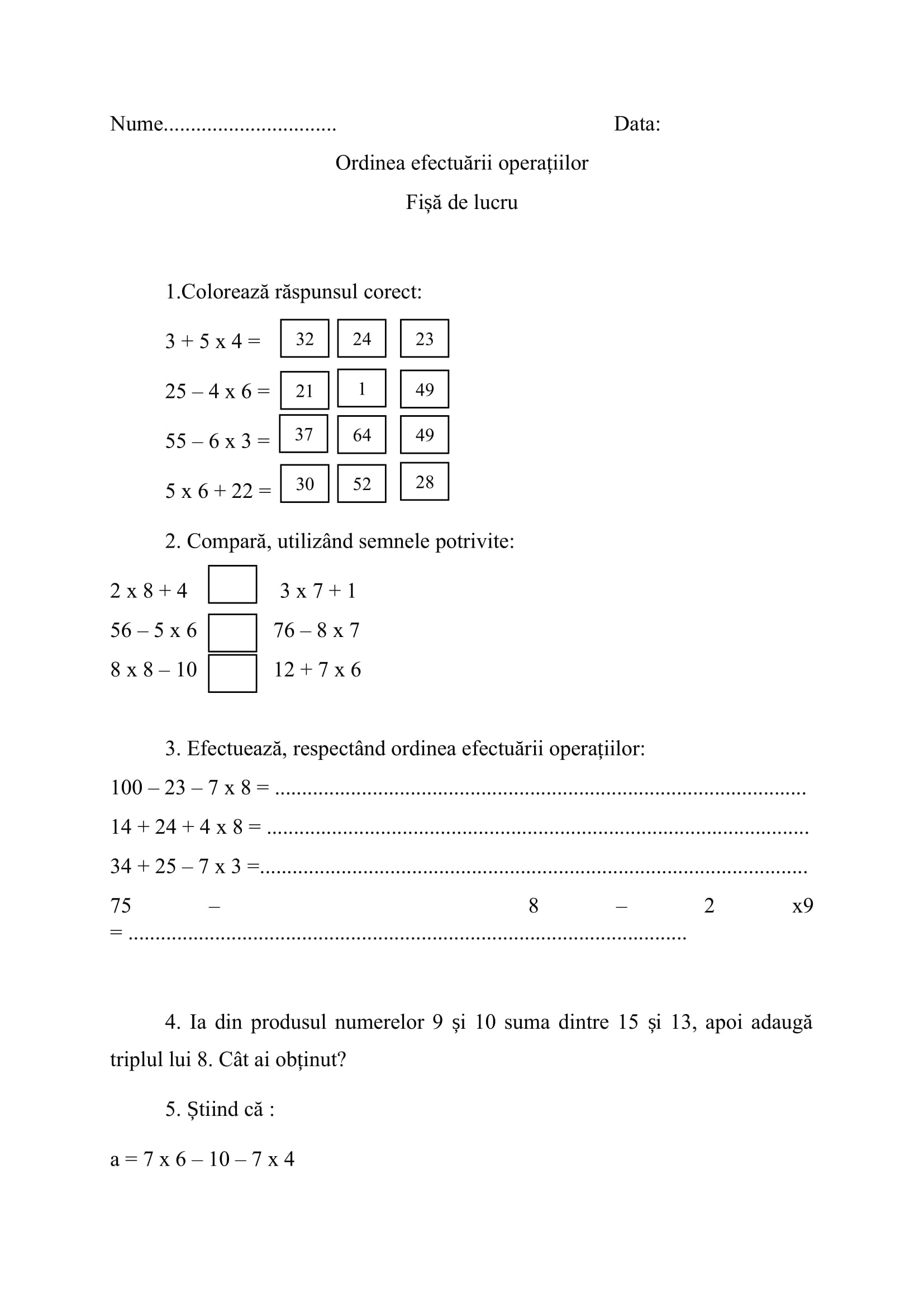 AcademiaABC – Fișă de lucru Matematică-Ordinea efectuării operațiilor