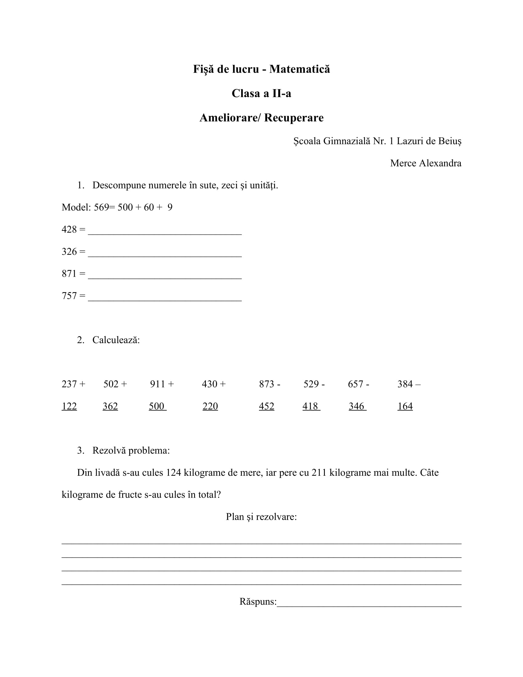 AcademiaABC – RED Diferențiat-Fișă de lucru Matematică Clasa a II-a(Ameliorare/Recuperare)