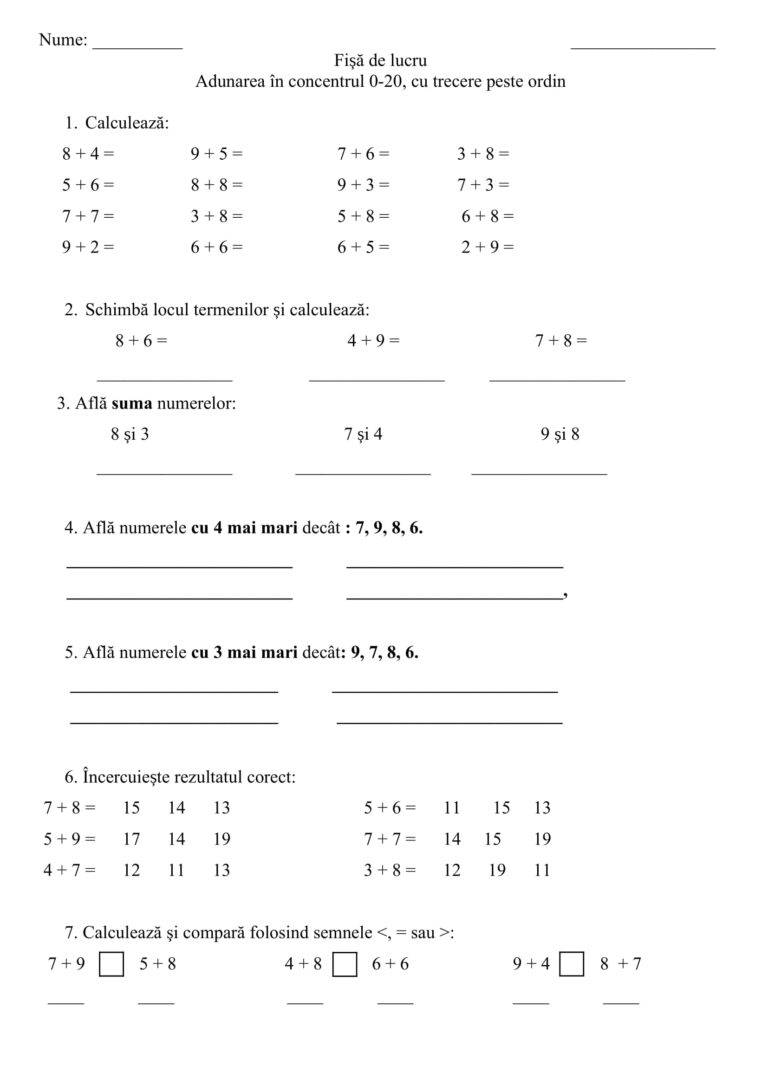 AcademiaABC – Fișă de lucru-Adunarea în concentrul 0-20, cu trecere peste ordin