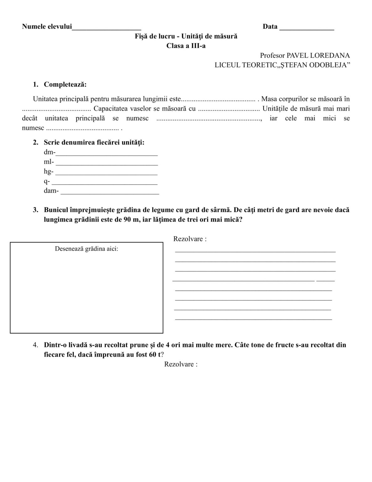 AcademiaABC – Fișă de lucru-Unități de măsură Clasa a III-a