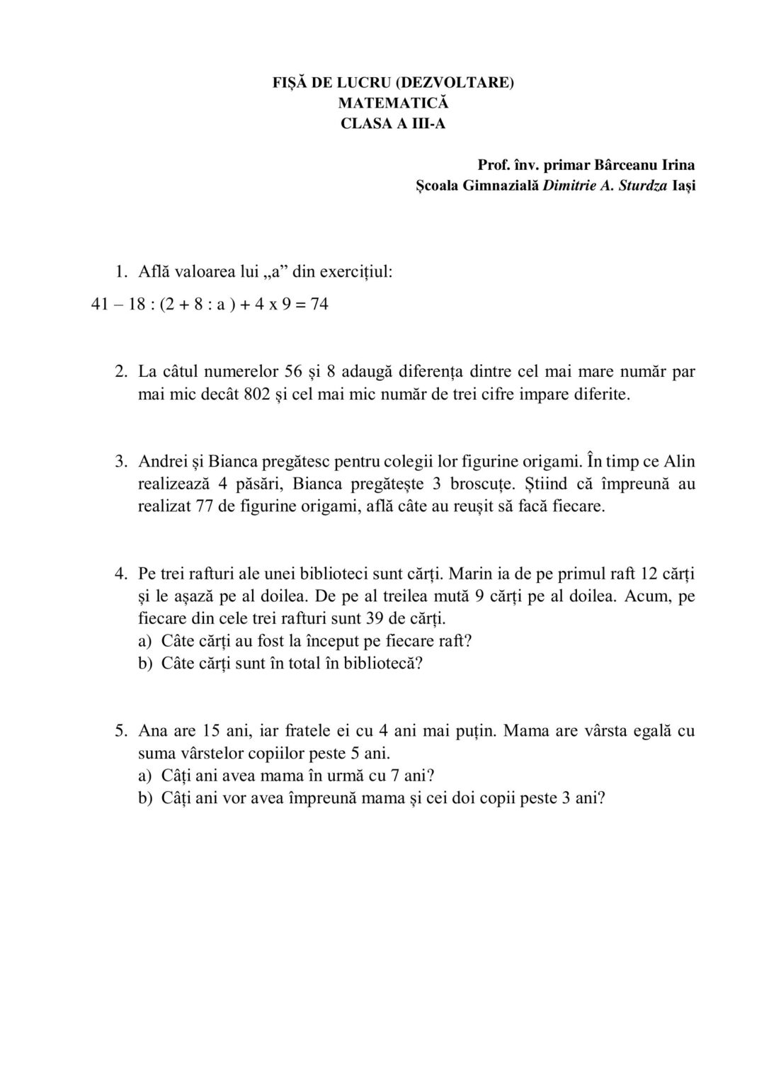 AcademiaABC – Fișă de lucru Matematică Clasa a III-a(Dezvoltare)
