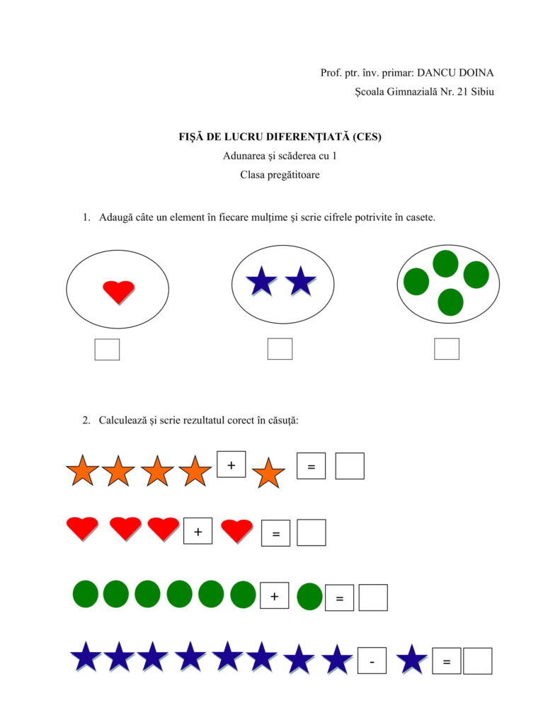 AcademiaABC – Fișă de lucru diferențiată(CES)-Adunarea și scăderea cu 1