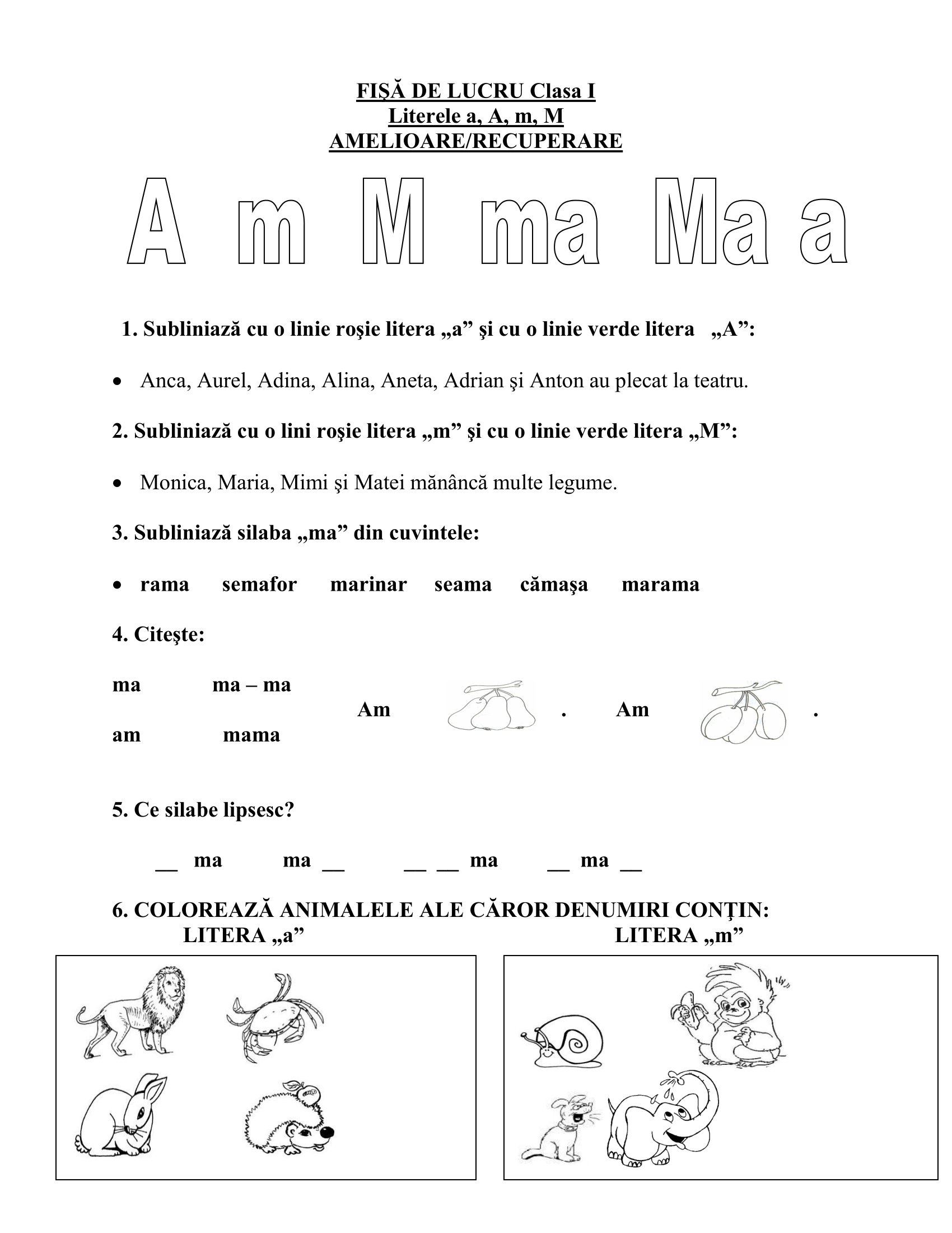AcademiaABC – Fișă de lucru Clasa I-Literele a, A, m, M(Ameliorare/Recuperare)