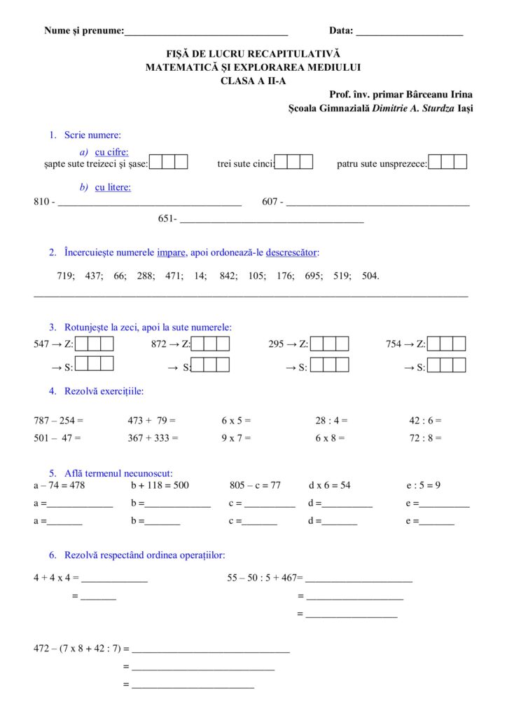 AcademiaABC – Fișă de lucru recapitulativă-MEM Clasa a II-a