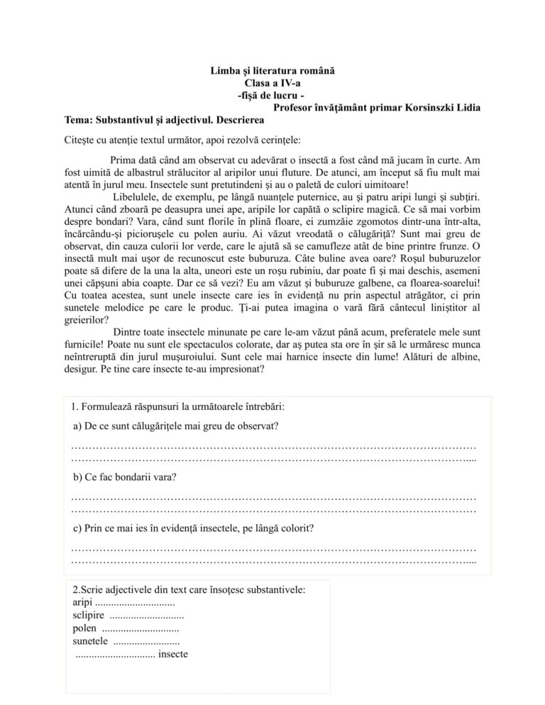 AcademiaABC – Fișă de lucru-Substantivul și adjectivul. Descrierea Clasa a IV-a