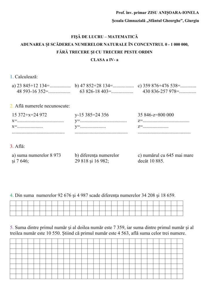 AcademiaABC – Fișă de lucru-Adunarea și scăderea numerelor în concentrul 0-1.000.000