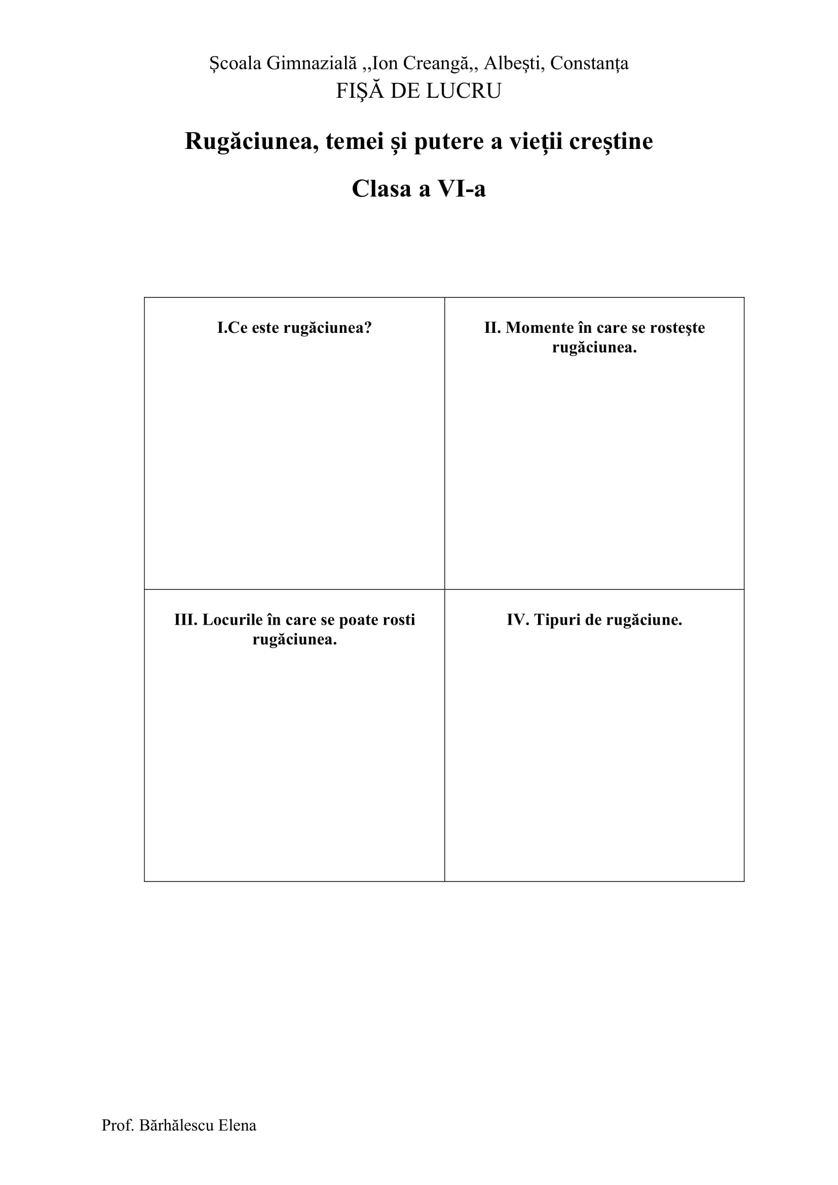 AcademiaABC – Fișă de lucru Religie-Rugăciunea, temei și putere a vieții creștine Clasa a VI-a