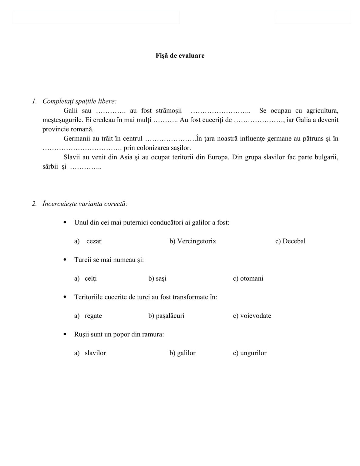 AcademiaABC – Fişă de evaluare Istorie-Popoare de ieri și de azi Clasa a IV-a