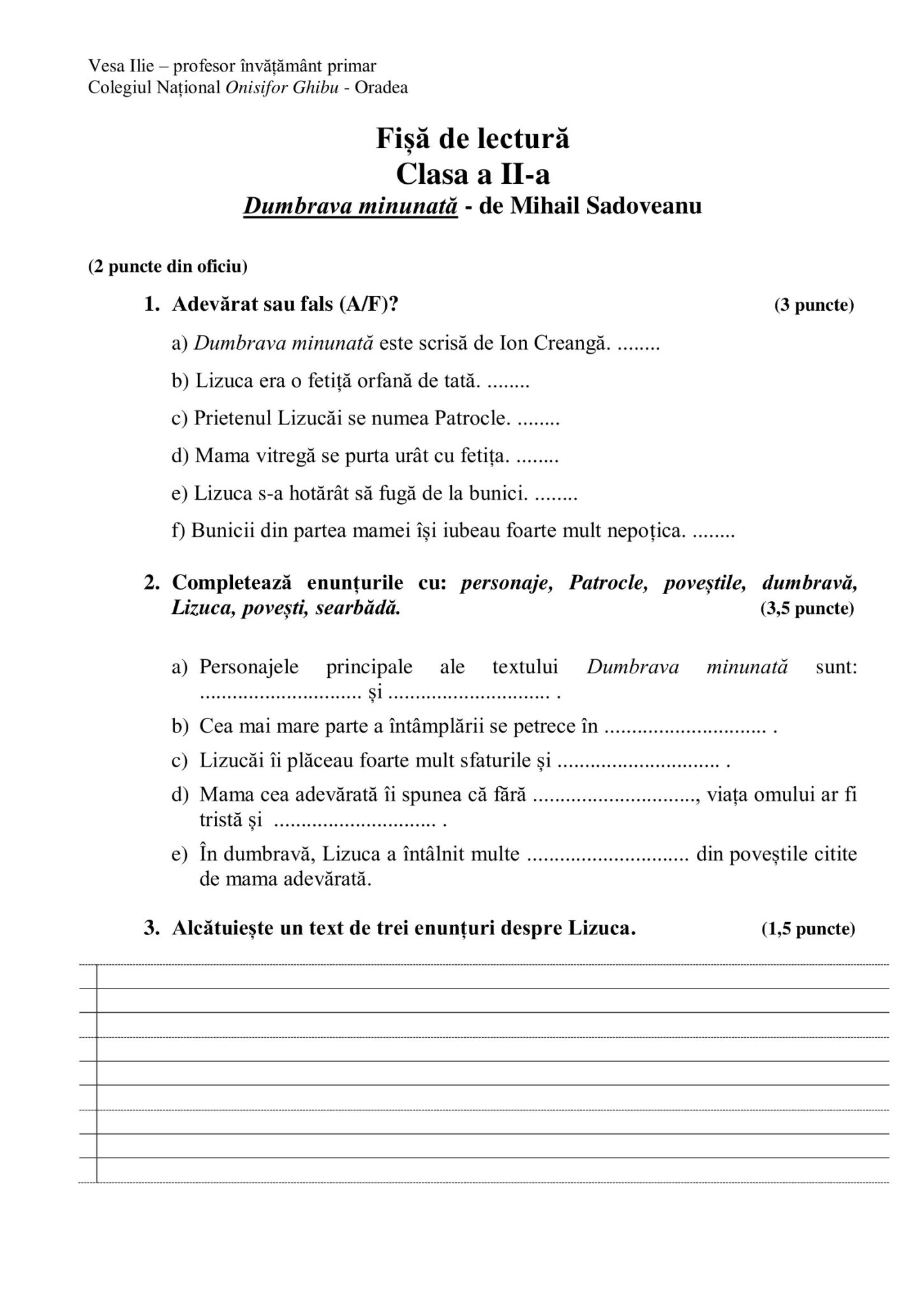 AcademiaABC – Fișă de lectură- ,,Dumbrava minunată” Clasa a II-a