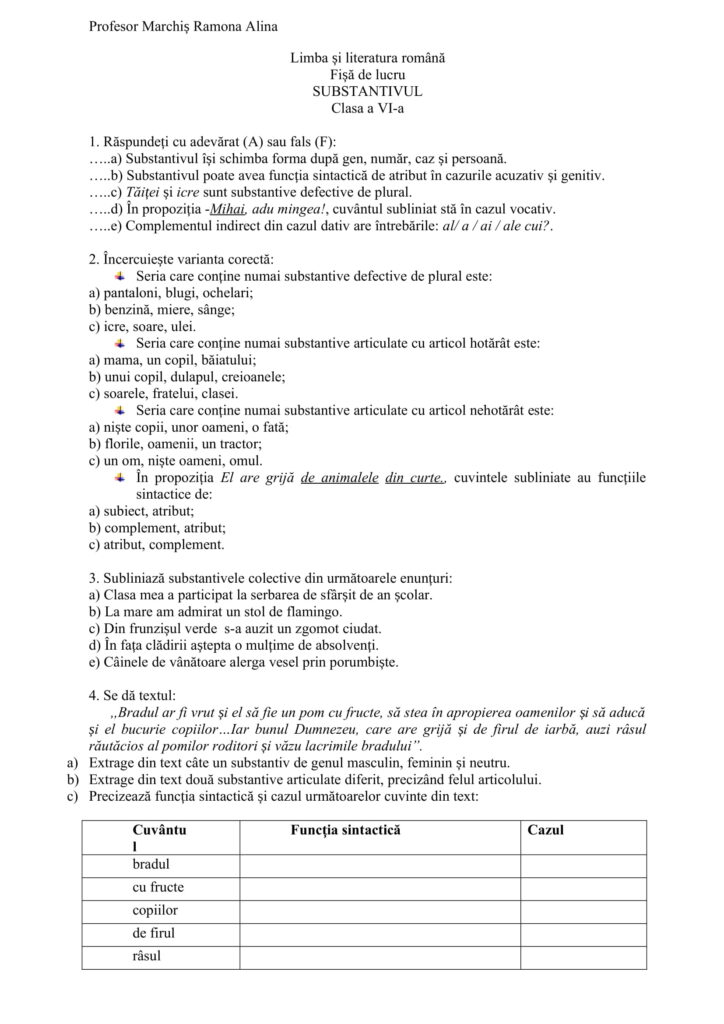 AcademiaABC – Fișă de lucru-Substantivul Clasa a VI-a