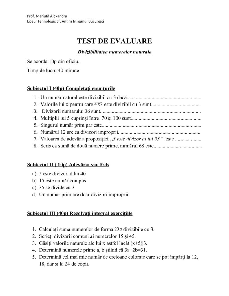 AcademiaABC – Evaluare Matematică-Divizibilitatea numerelor naturale Clasa a V-a