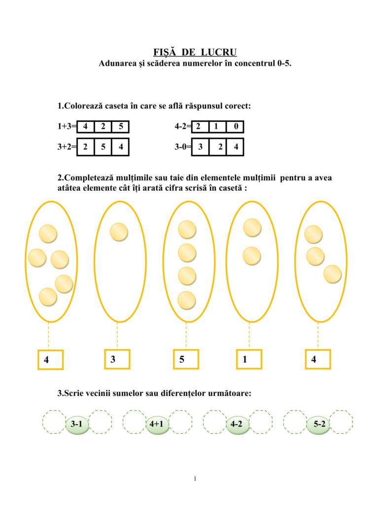 AcademiaABC – Fișă de lucru-Adunarea şi scăderea numerelor în concentrul 0-5(Ameliorare/Recuperare)