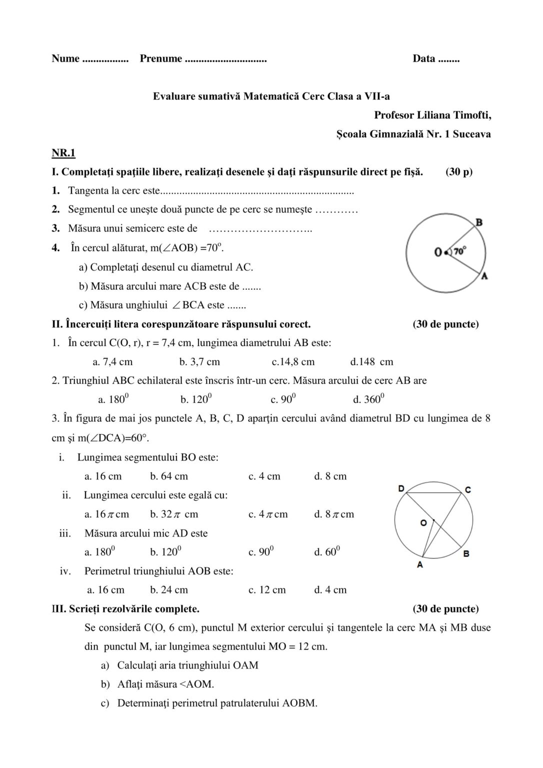 AcademiaABC – Evaluare sumativă Matematică-Cerc Clasa a VII-a
