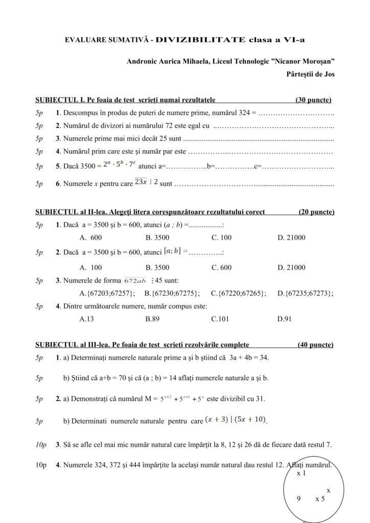 AcademiaABC – Evaluare Matematică-Divizibilitate Clasa a VI-a