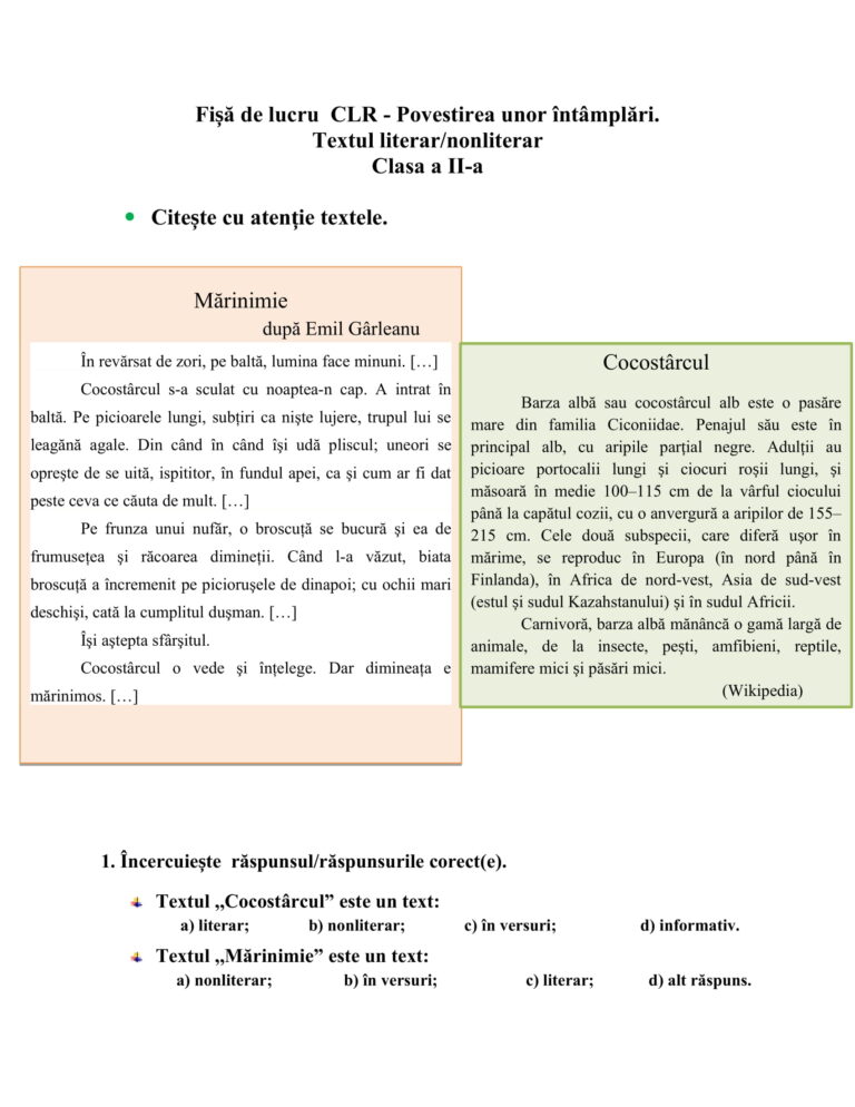 AcademiaABC – Fișă de lucru-Textul literar/nonliterar Clasa a II-a