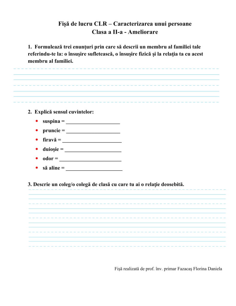 AcademiaABC – Fișă de lucru CLR–Caracterizarea unui persoane Clasa a II-a (Ameliorare)