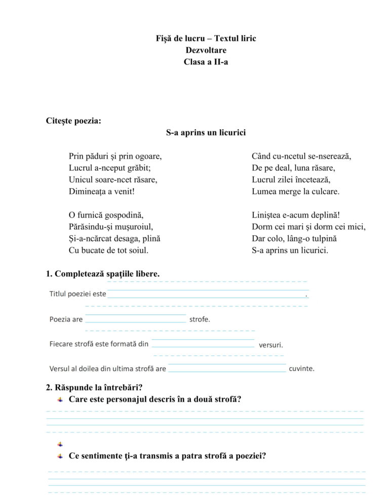 AcademiaABC – Fișă de lucru-Textul liric Clasa a II-a(Dezvoltare)