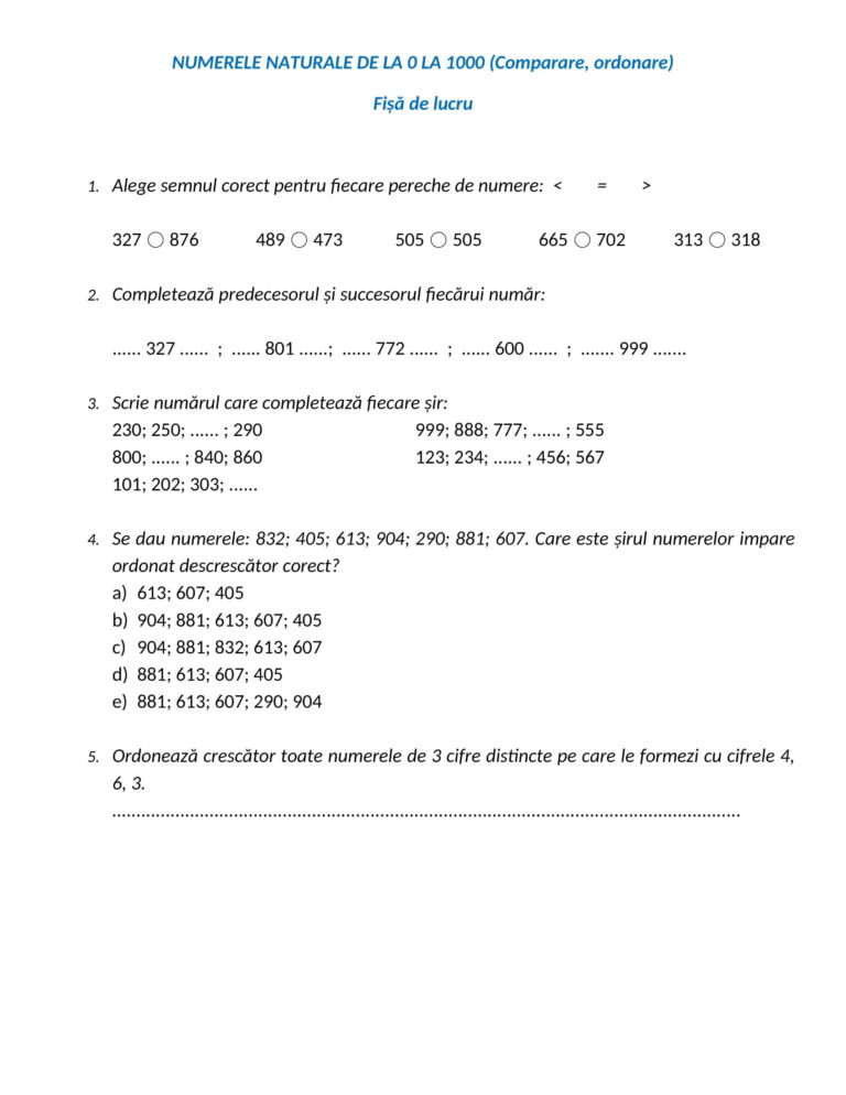 AcademiaABC – Fișă de lucru-Numerele naturale de la 0 la 1000 (comparare, ordonare)