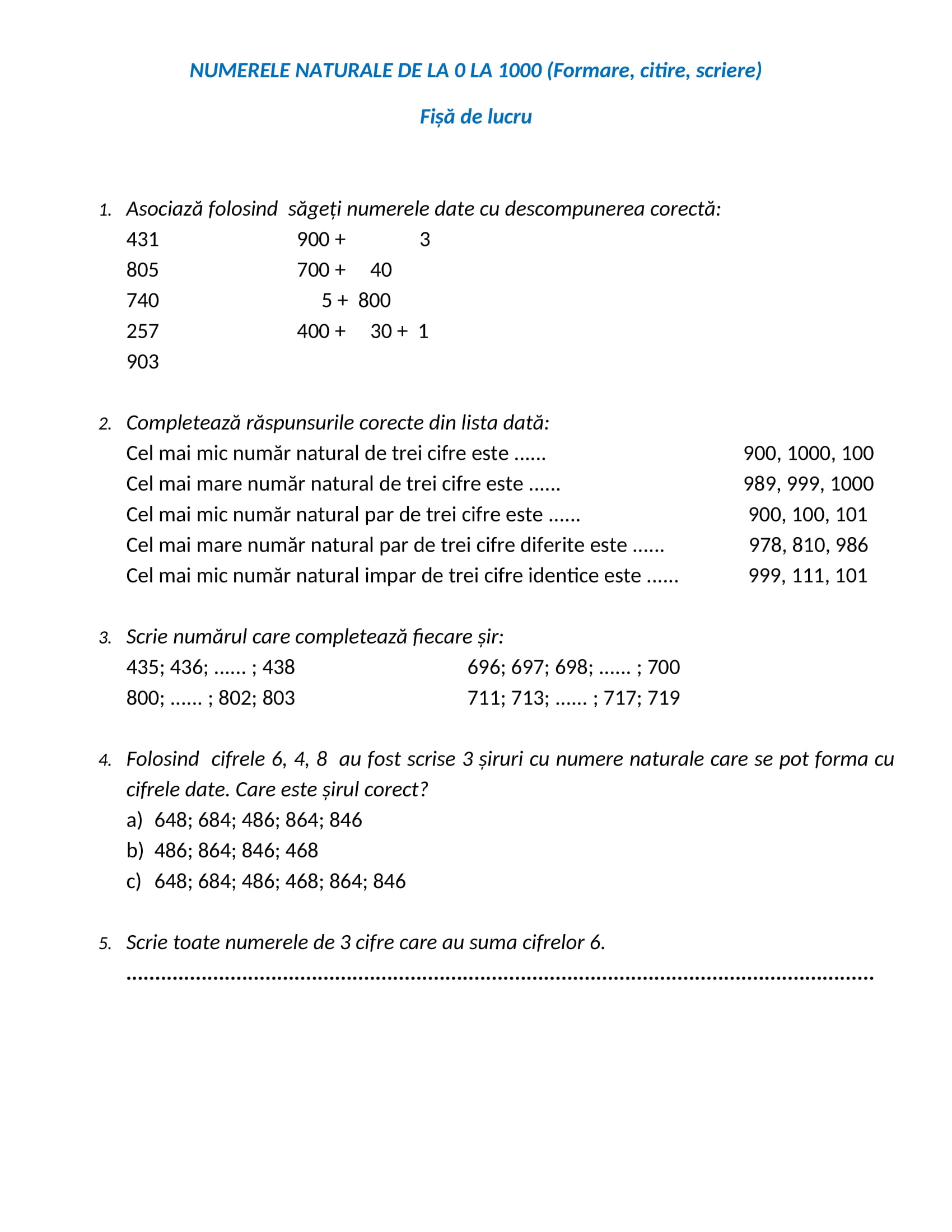 AcademiaABC – Fișă de lucru-Numerele naturale de la 0 la 1000 (Formare, citire, scriere)