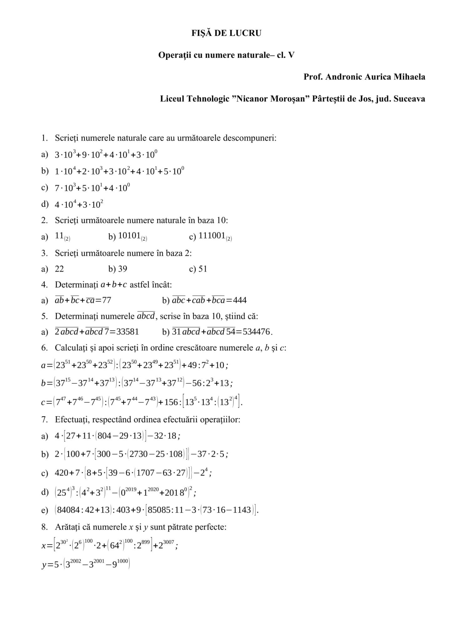 AcademiaABC – Fișă de lucru-Operații cu numere naturale Clasa a V-a