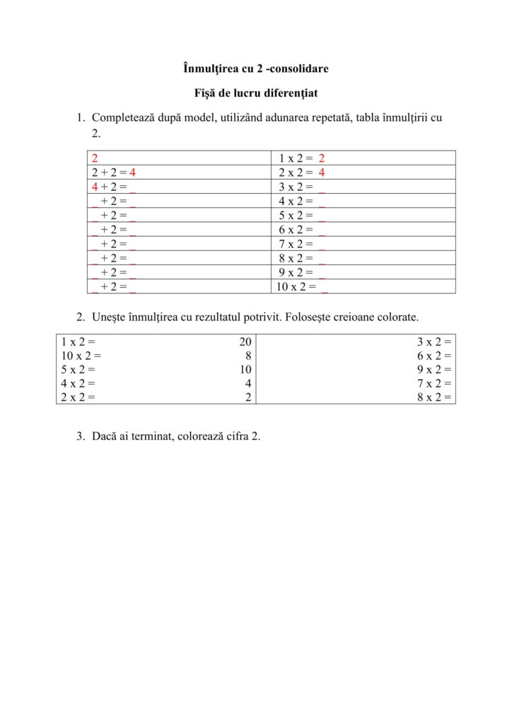 AcademiaABC – Fișă de lucru-Înmulțirea cu 2 (Ameliorare/Recuperare)
