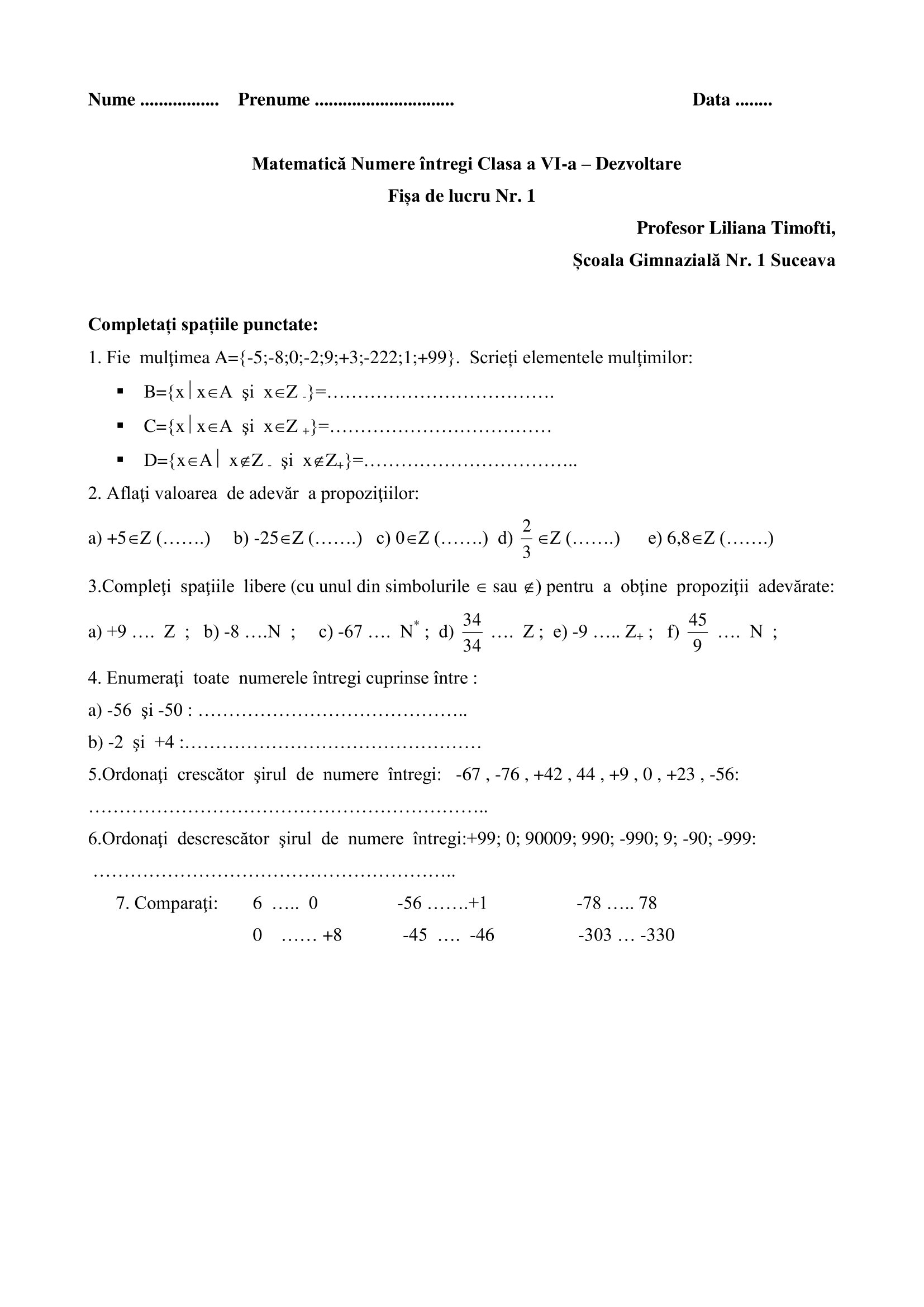 AcademiaABC – Fișa nr. 1-Matematică Numere întregi Clasa a VI-a (Dezvoltare)