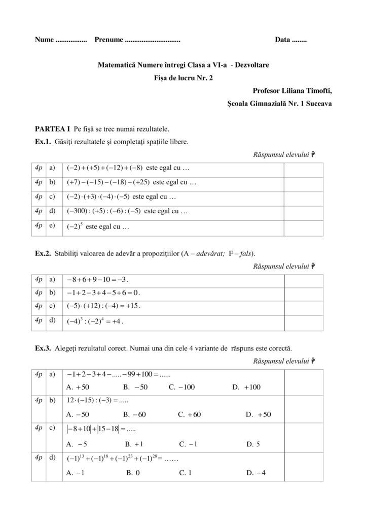 AcademiaABC – Fișa nr. 2-Matematică Numere întregi Clasa a VI-a (Dezvoltare)