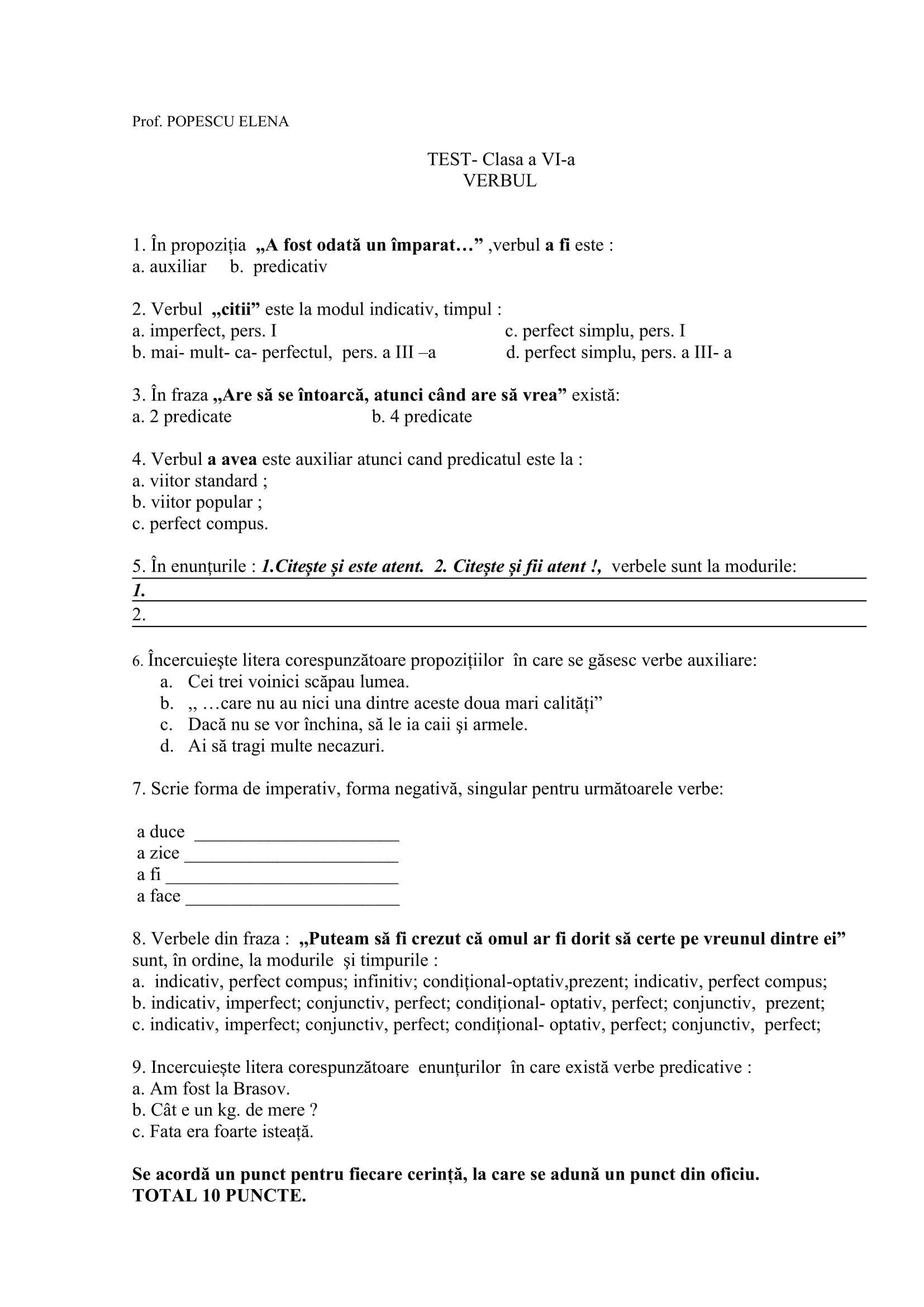 AcademiaABC – Evaluare Limba și literatura română-Verbul Clasa a VI-a