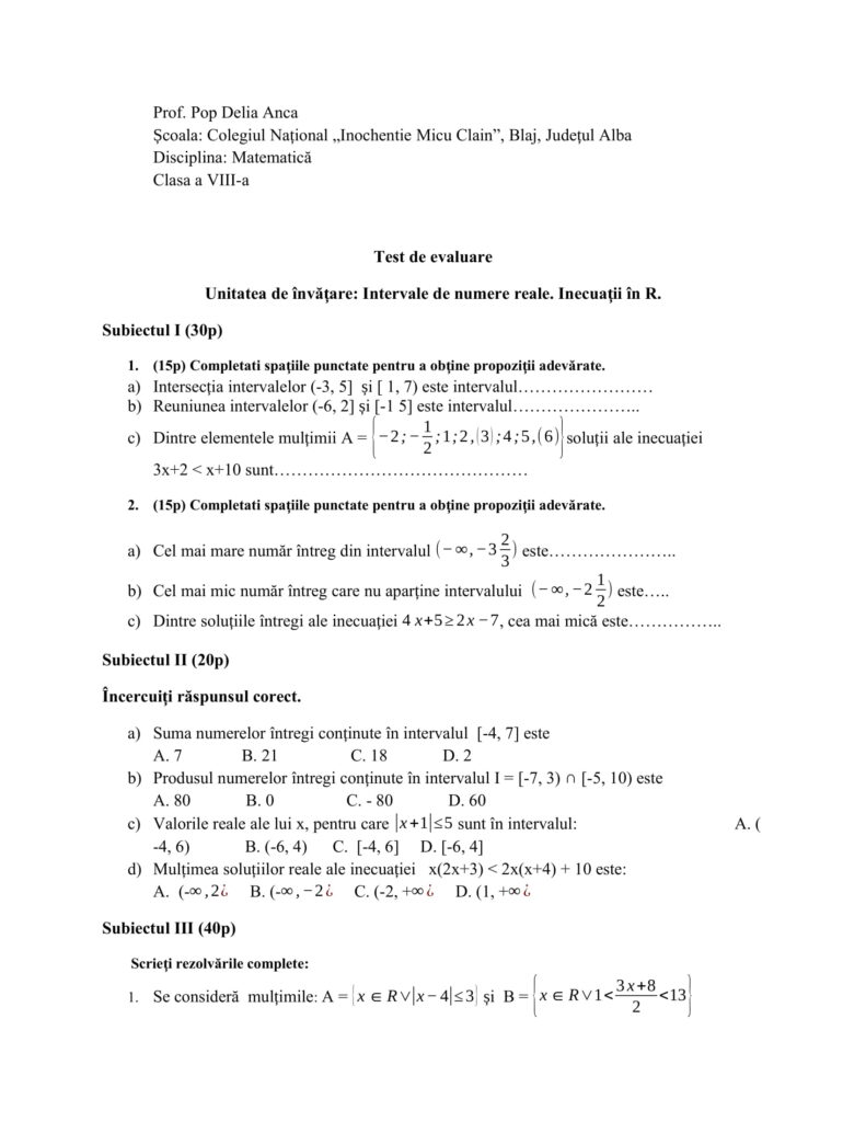 AcademiaABC – Evaluare Clasa a VIII-a Matematică–Intervale de numere reale. Inecuații în R