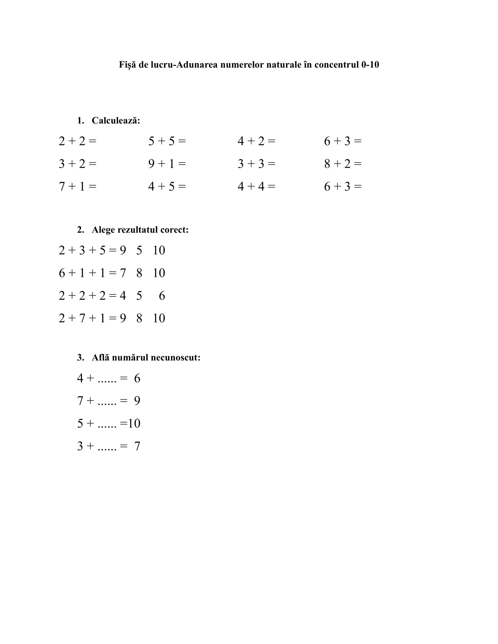 AcademiaABC – Fișă de lucru-Adunarea numerelor naturale în concentrul 0-10