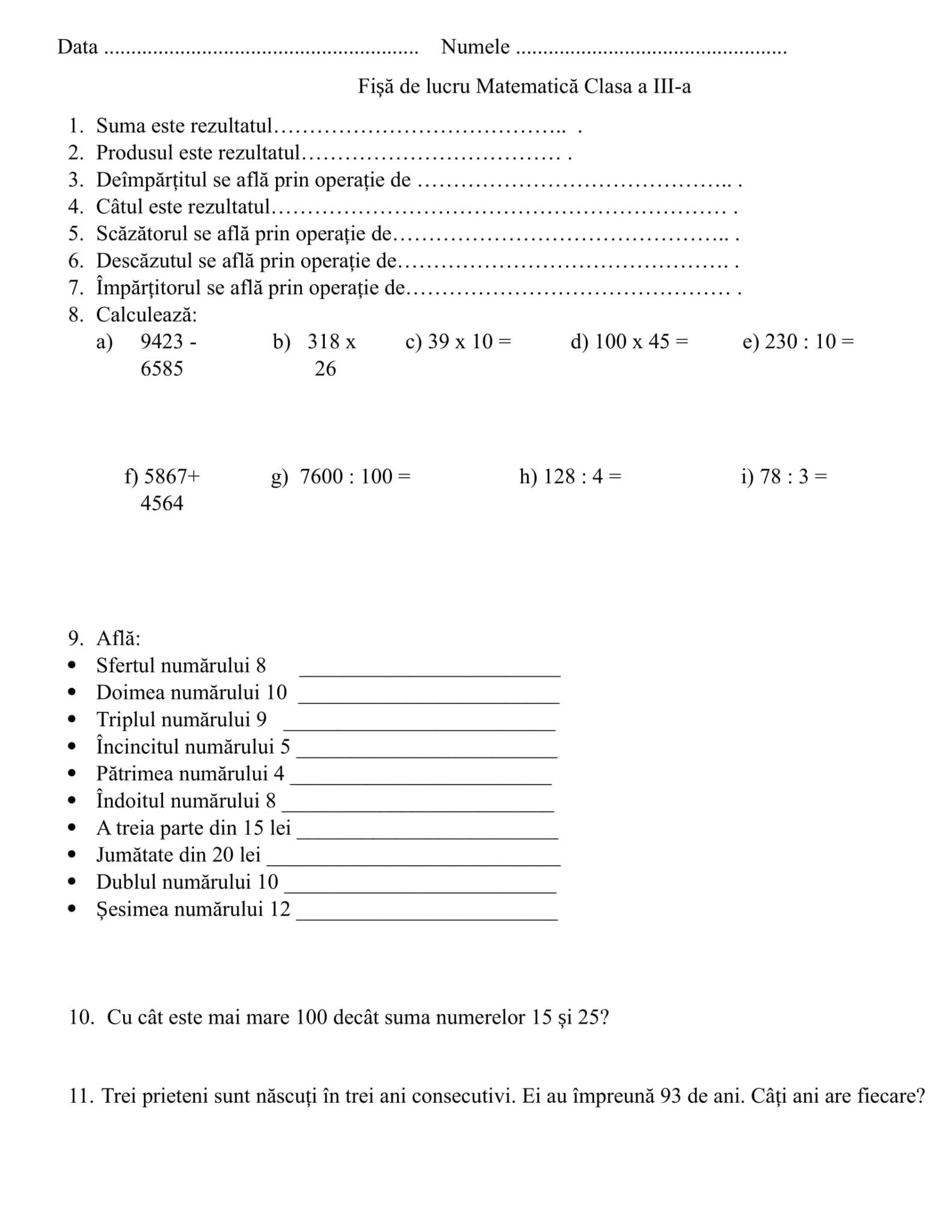 AcademiaABC – Fișă de lucru Matematică Clasa a III-a