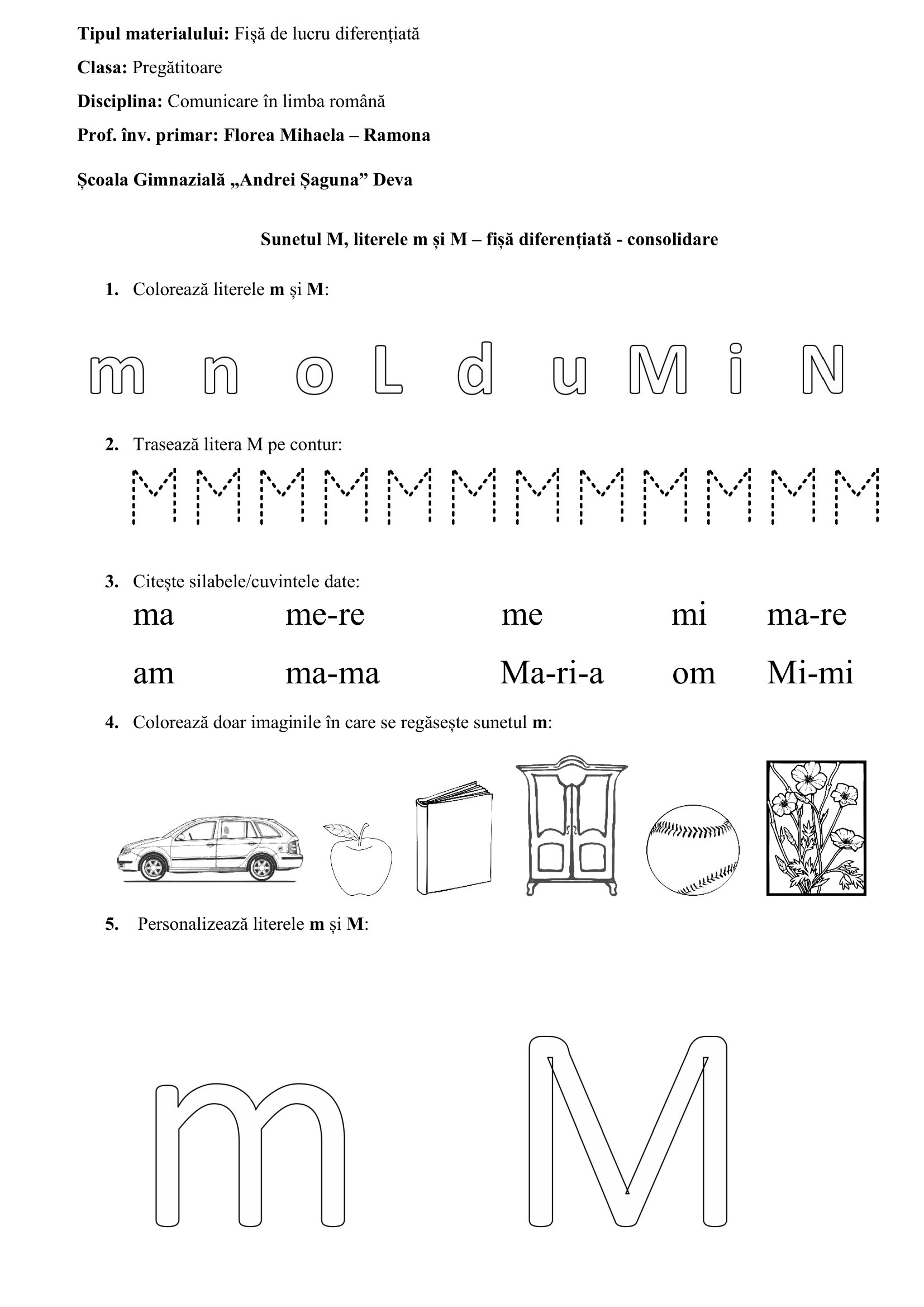 AcademiaABC – Fișă de lucru diferențiată-Sunetul M, literele m și M