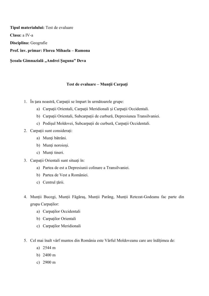AcademiaABC – Test grilă Geografie- Munții Carpați Clasa a IV-a
