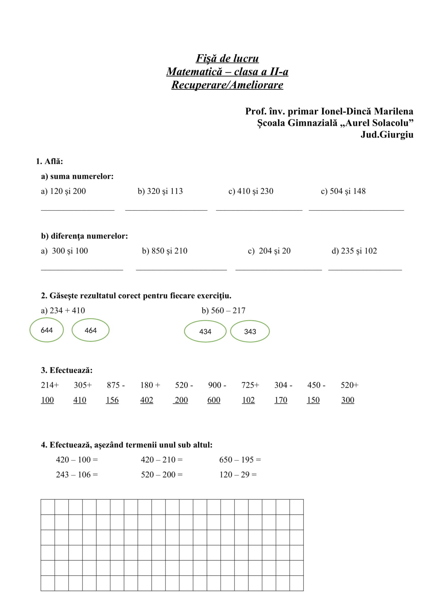 AcademiaABC – Fișă de lucru Matematică Clasa a II-a(Amelioare/Dezvoltare)