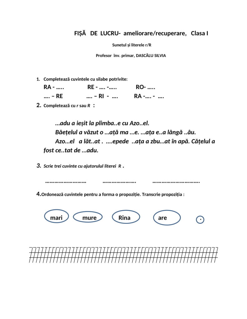 AcademiaABC – Fișă de lucru-Sunetul și literele r/R (Ameliorare/Recuperare)