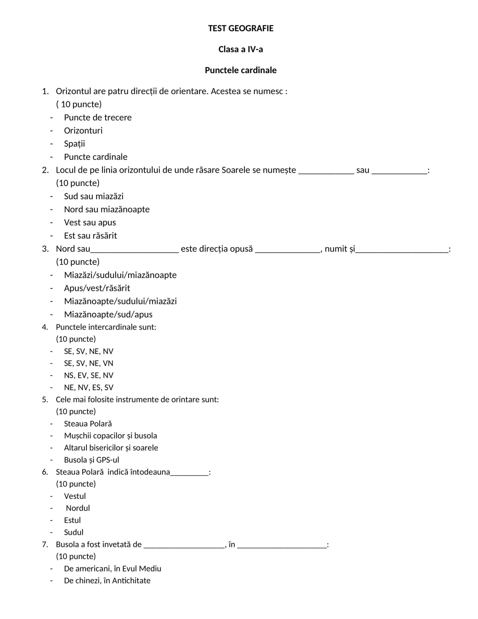 AcademiaABC – Test Clasa a IV-a Geografie Punctele cardinale