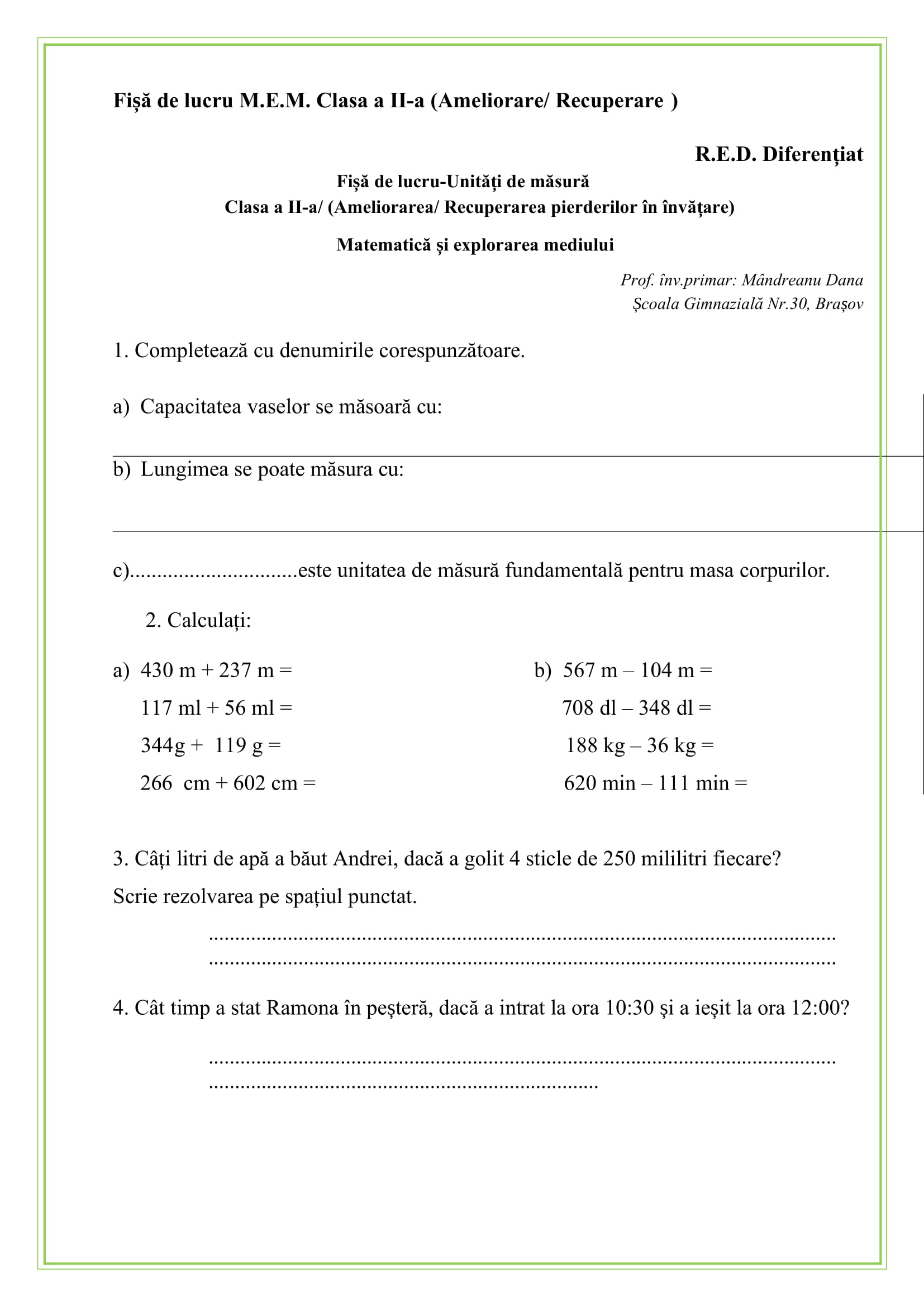 AcademiaABC – Fișă de lucru-Unități de măsură Clasa a II-a(Ameliorare ...