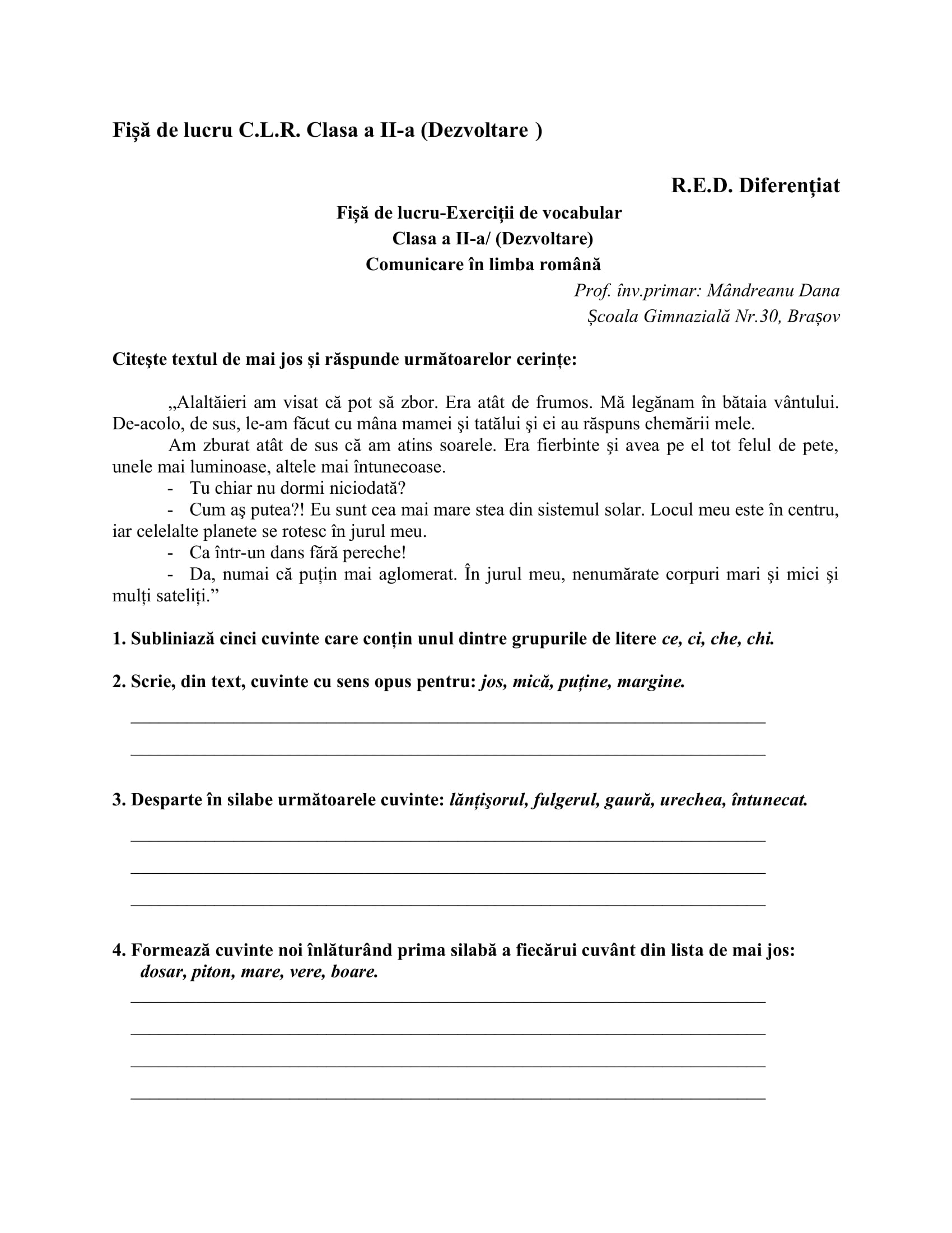 AcademiaABC – Fișă de lucru-Exerciții de vocabular Clasa a II-a(Dezvoltare)