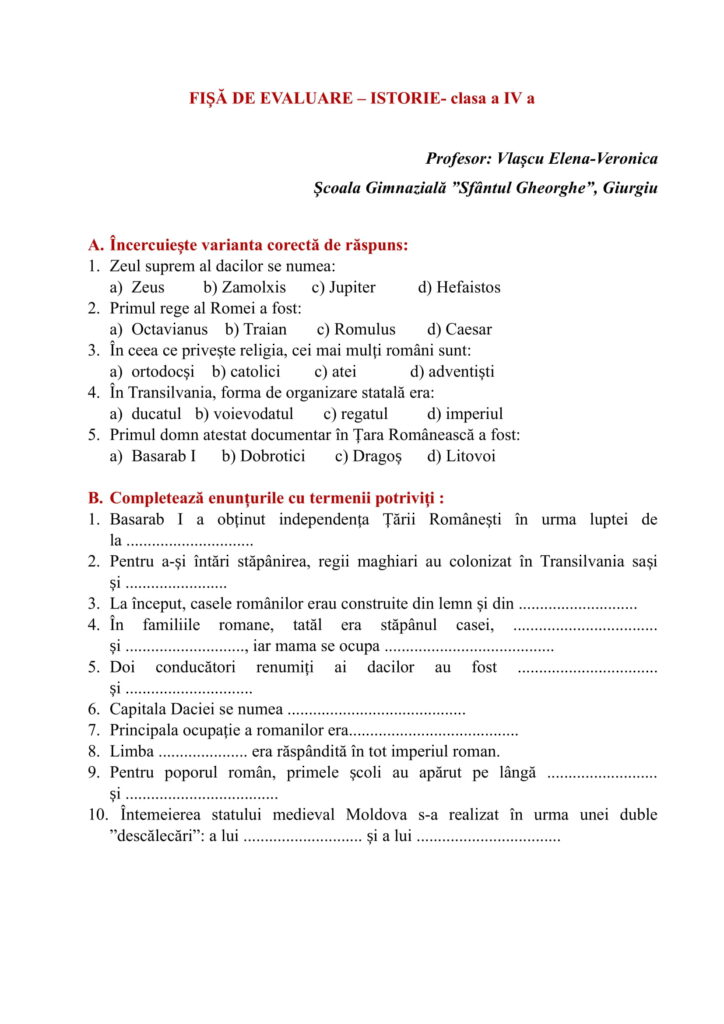 AcademiaABC – Fișă de evaluare-Istorie Clasa a IV-a